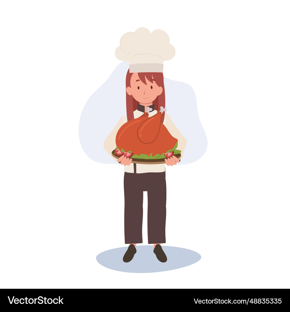 Young chef in chef hat and apron is serving whole Vector Image