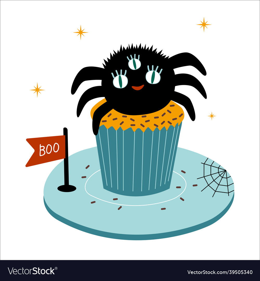 Cute childish halloween spider cupcake on a plate Vector Image