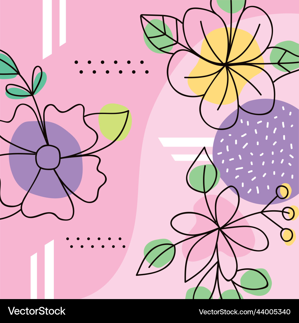 Flowers one line in pink background Royalty Free Vector