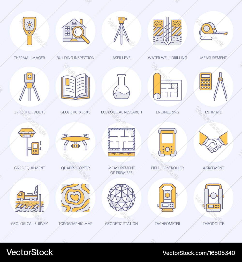 Geodetic survey engineering flat line icons Vector Image