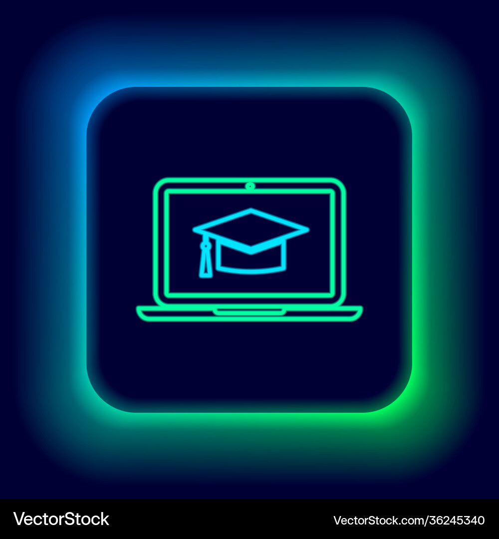 Glowing neon line graduation cap on screen laptop Vector Image