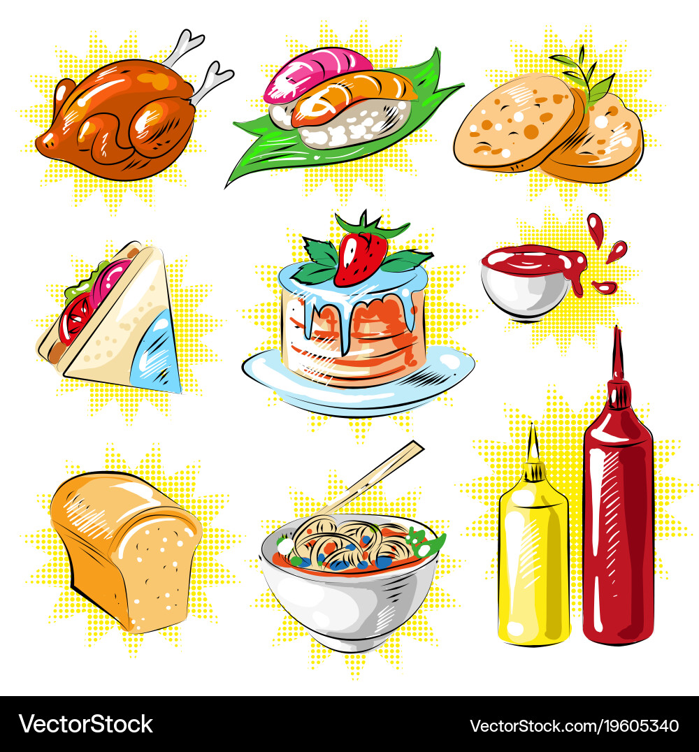 Pop art comic style food patches set Royalty Free Vector