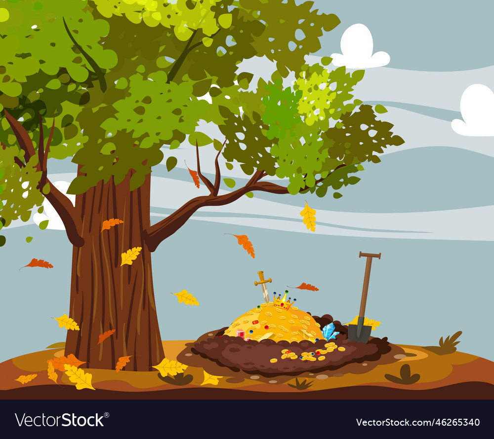 Treasure pile under oak tree full of treasures Vector Image