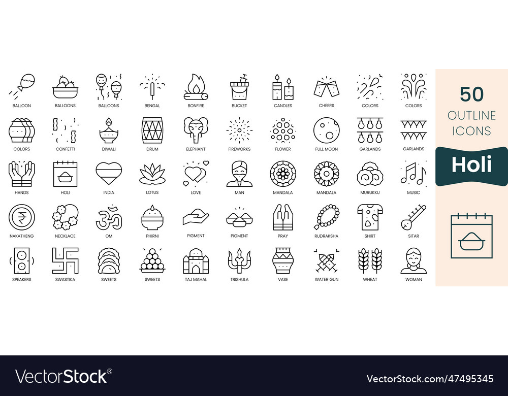 Set of holi icons thin linear style icons pack Vector Image