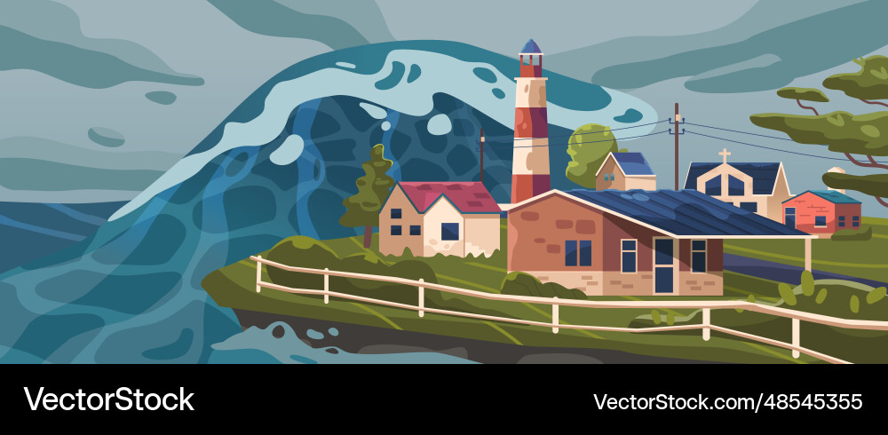 Colossal tsunami engulfs tranquil countryside its Vector Image