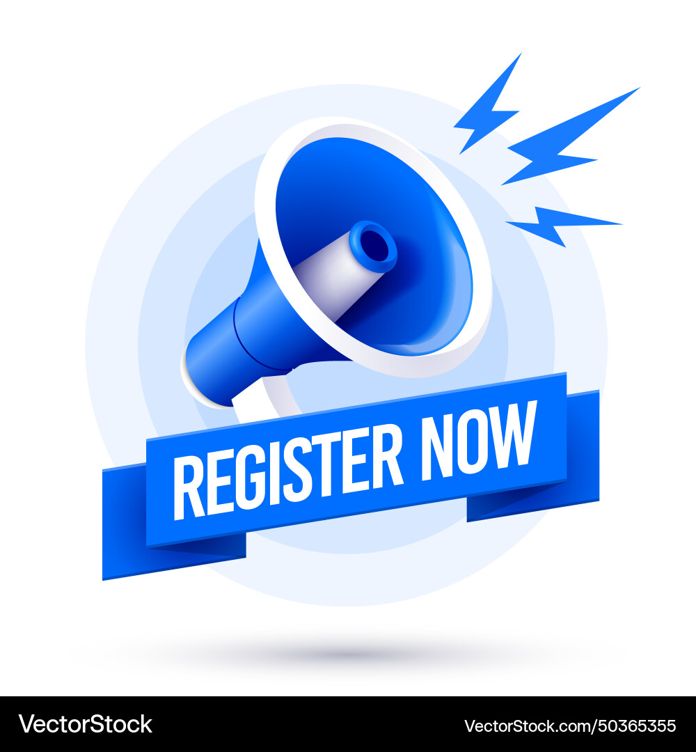 Megaphone and ribbon with text register now Vector Image