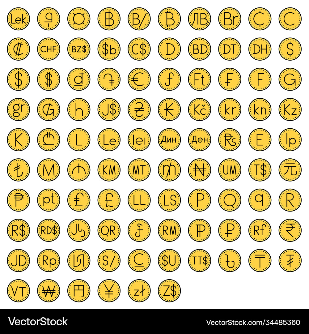 Coin with currency symbol icon set Royalty Free Vector Image