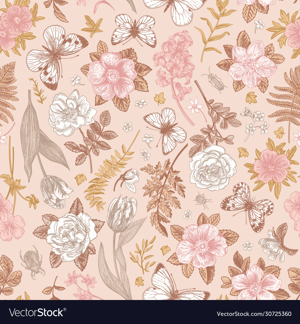 Pink seamless pattern with flowers Royalty Free Vector Image