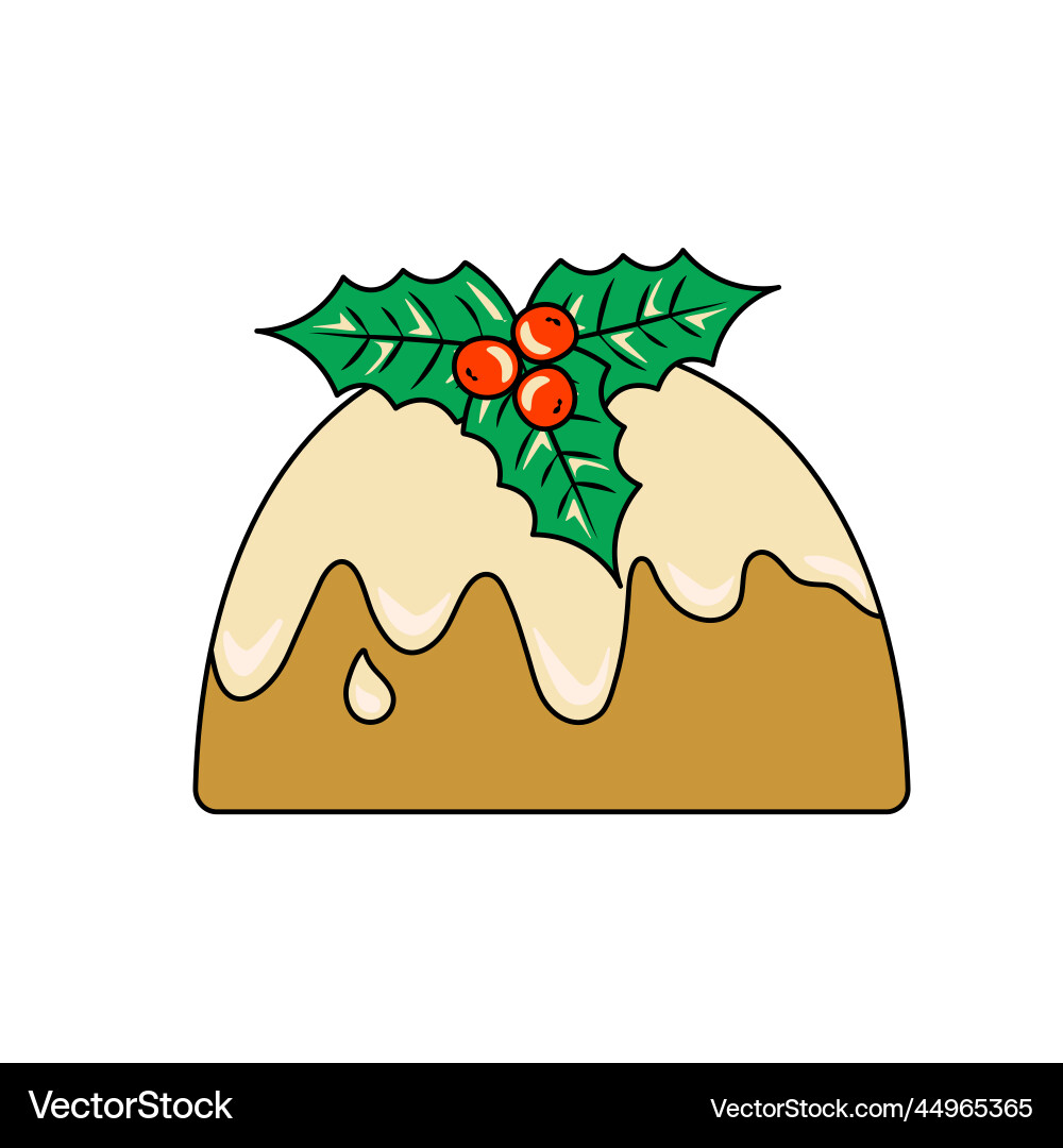Christmas pudding garnished with holly plant Vector Image