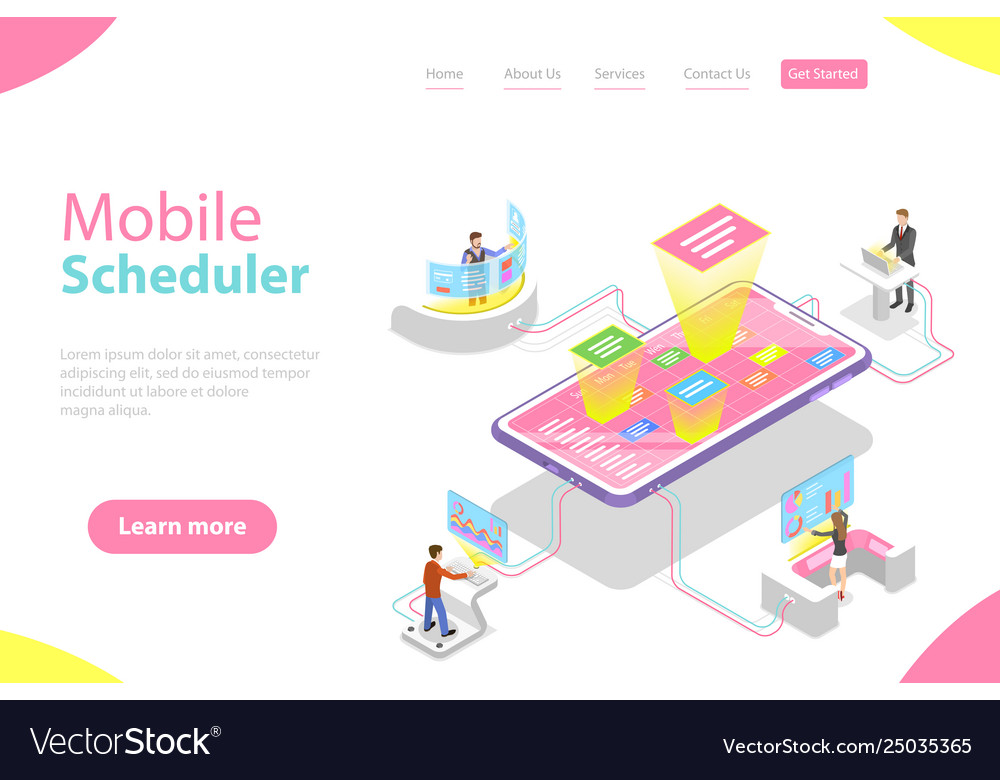 Flat isometric landing page template of Royalty Free Vector