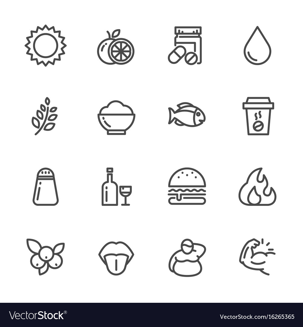 Healthy food and nutrition icons set line icons Vector Image