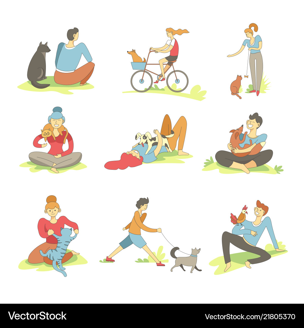 People spending time with pets on nature set Vector Image