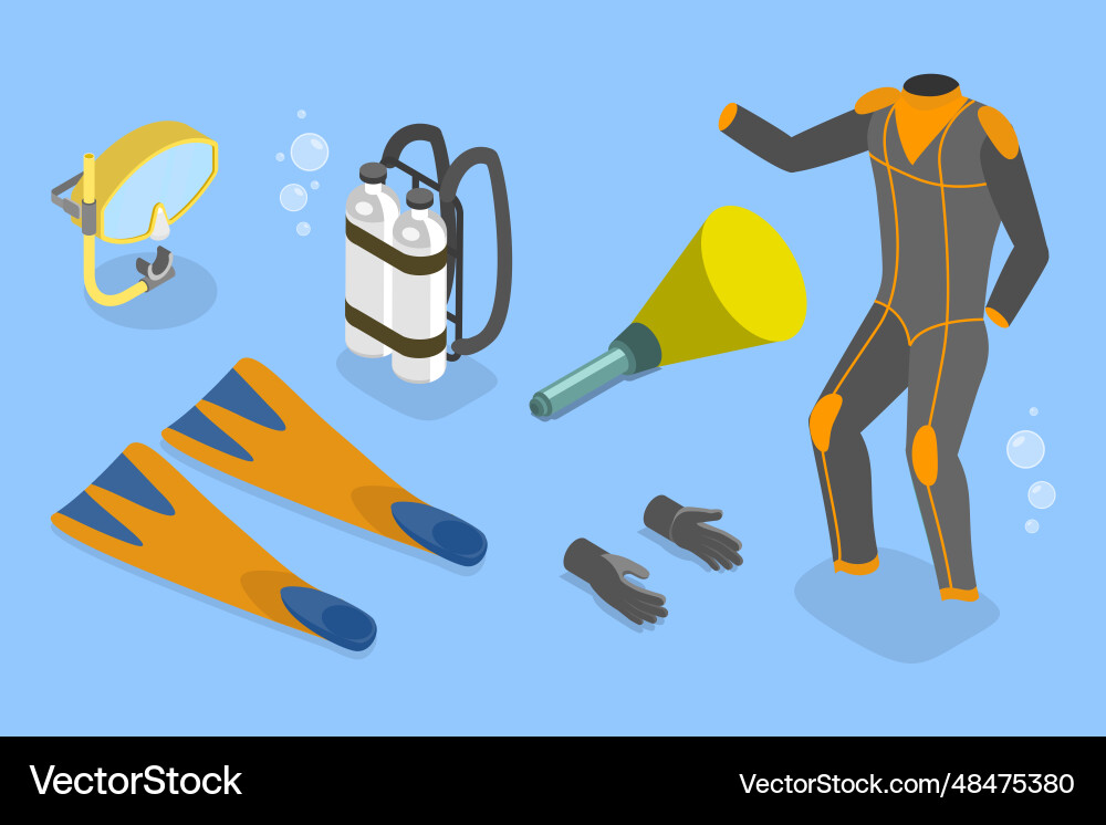 3d isometric flat set of scuba diving Royalty Free Vector