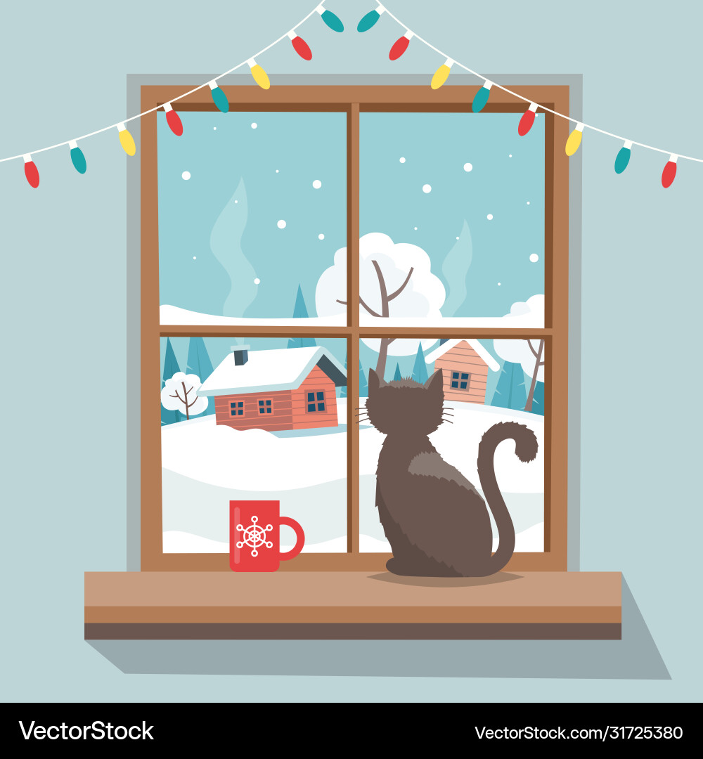 Christmas window with winter landscape cat Vector Image