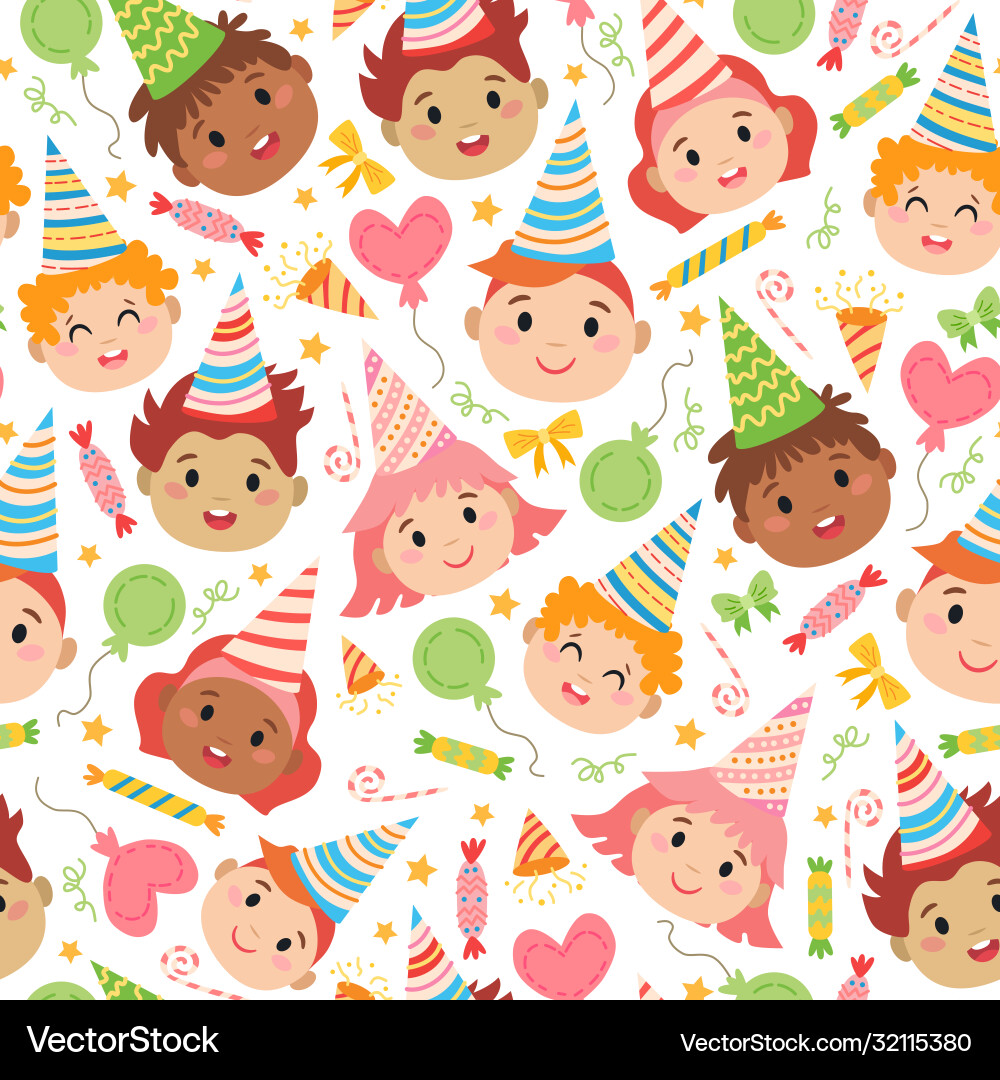 Kids with birthday caps pattern for party Vector Image