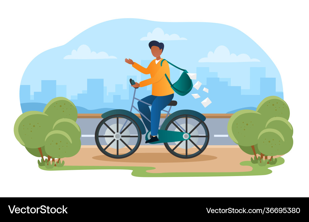 Male postman with post bag is riding bicycle Vector Image