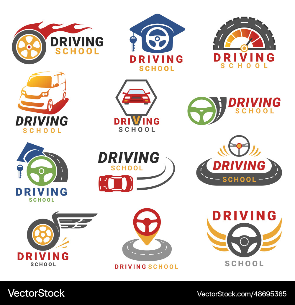 Driving school colored business logo set design Vector Image