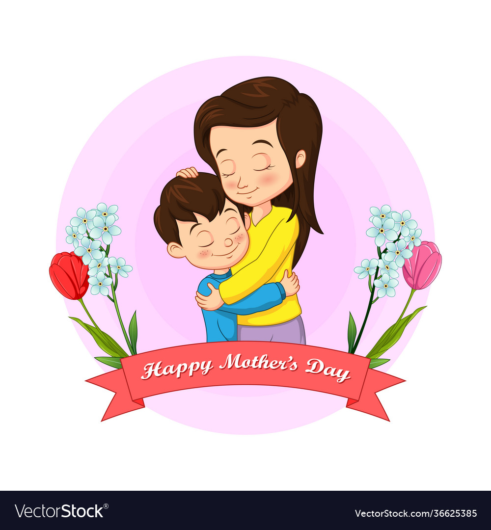 Happy mothers day card cute little boy hugging h Vector Image