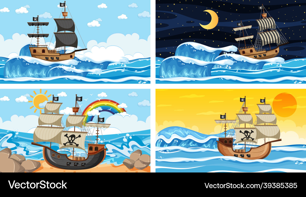 Set of different beach scenes with pirate ship Vector Image