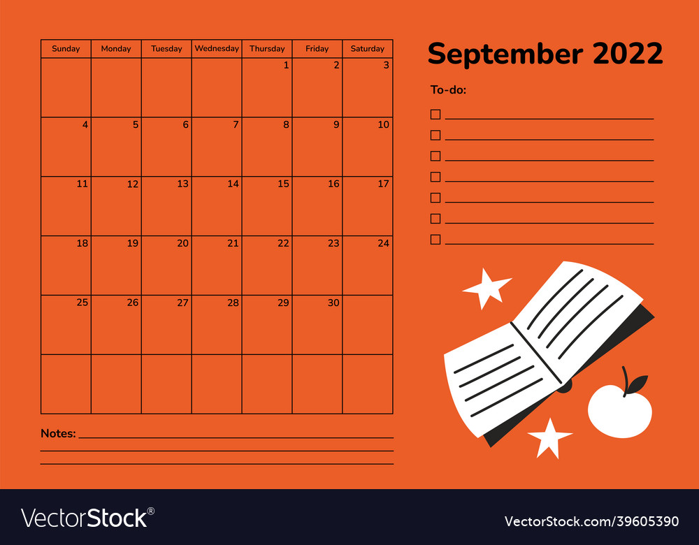 Horizontal planner 2022 september calendar page Vector Image
