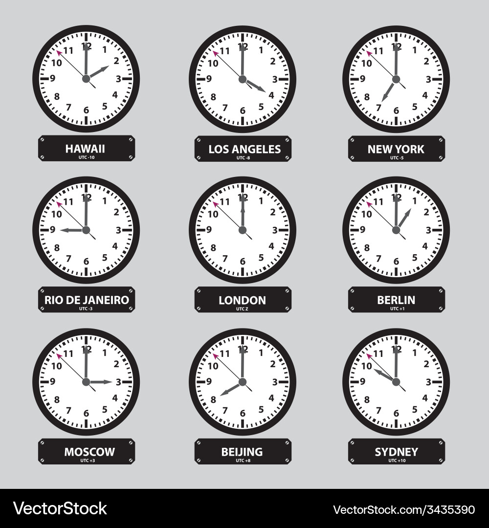 Time zones black and white clock set eps10 Vector Image