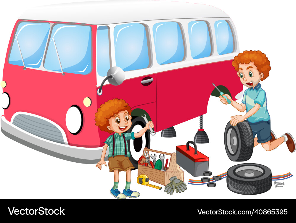 Dad and son fixing a car together on white Vector Image