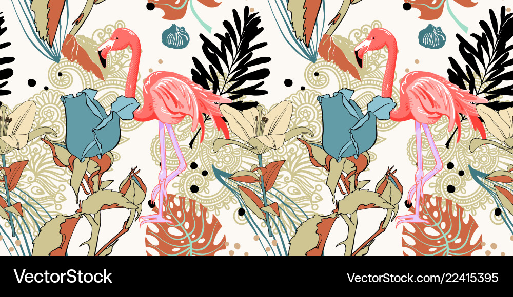 Hand drawing seamless pattern with pink flamingo Vector Image