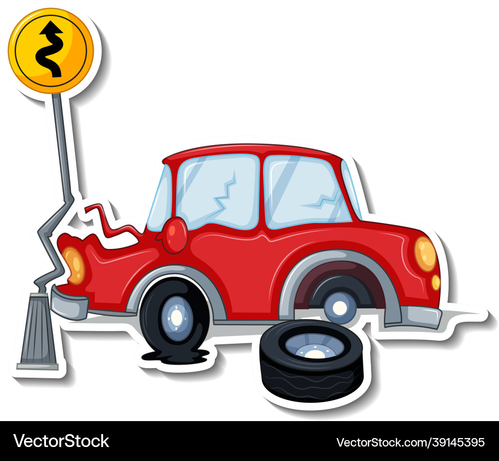 Sticker design with wrecked car isolated Vector Image