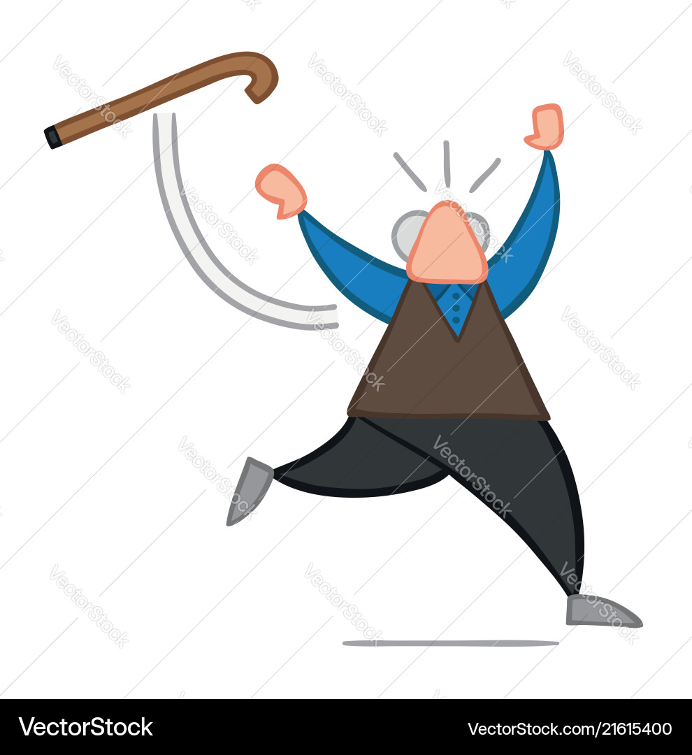 Vector Cartoon Old Man Throwing His Walking Stick And