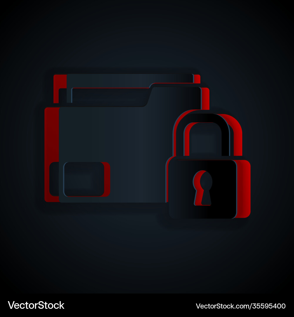 Paper cut folder and lock icon isolated on black Vector Image