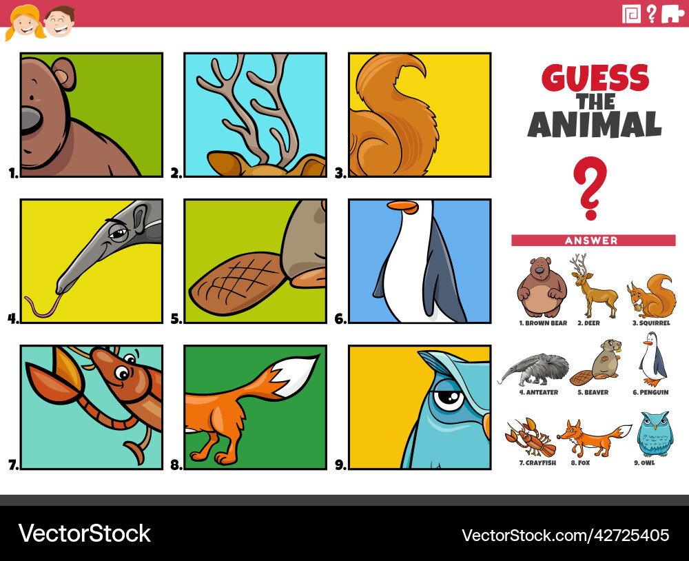 Guess cartoon animal characters educational task Vector Image