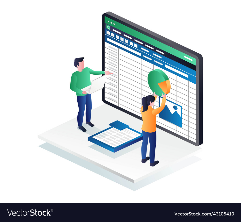 A Couple Is Editing Table In Excel Royalty Free Vector Image