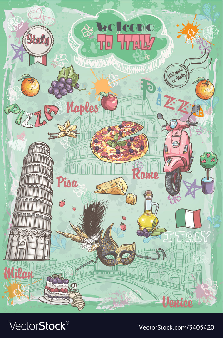 A set sights in italy architecture food Royalty Free Vector