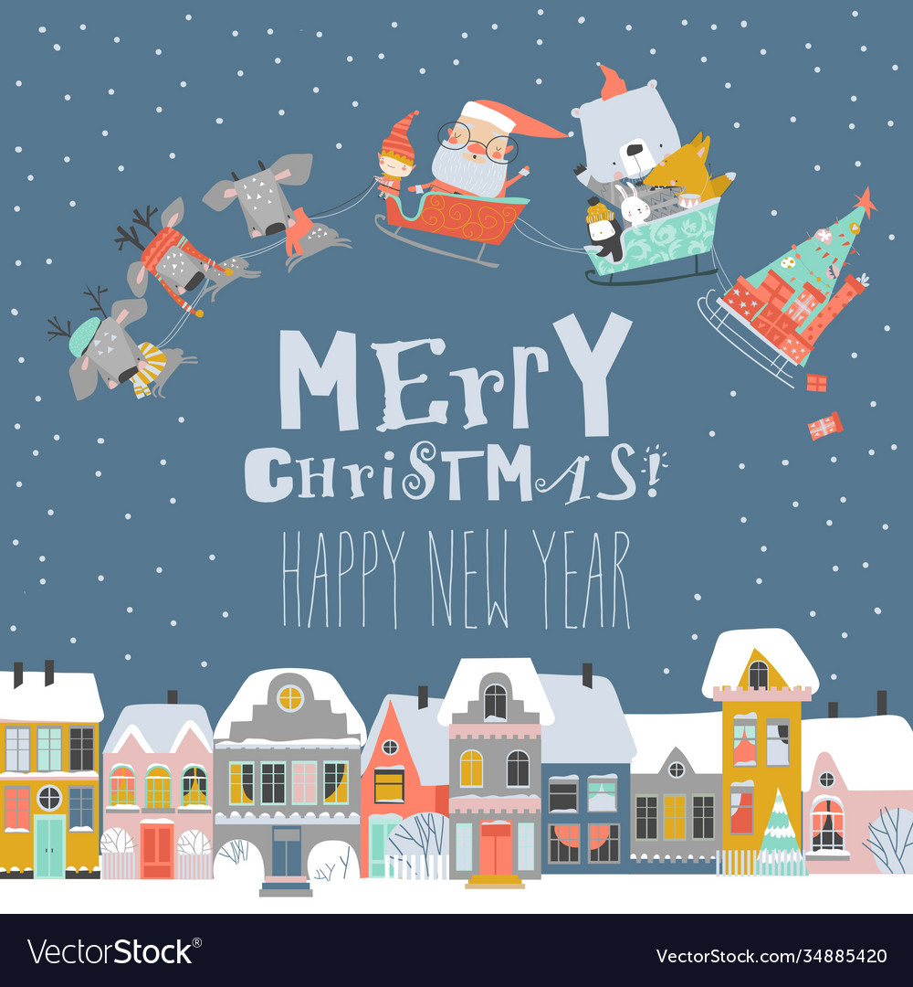 Cartoon sleigh with santa claus and animals fly Vector Image