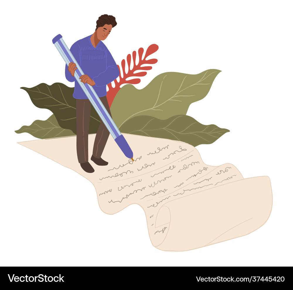 Copywriter Writing Article Or Text On Paper Vector Image