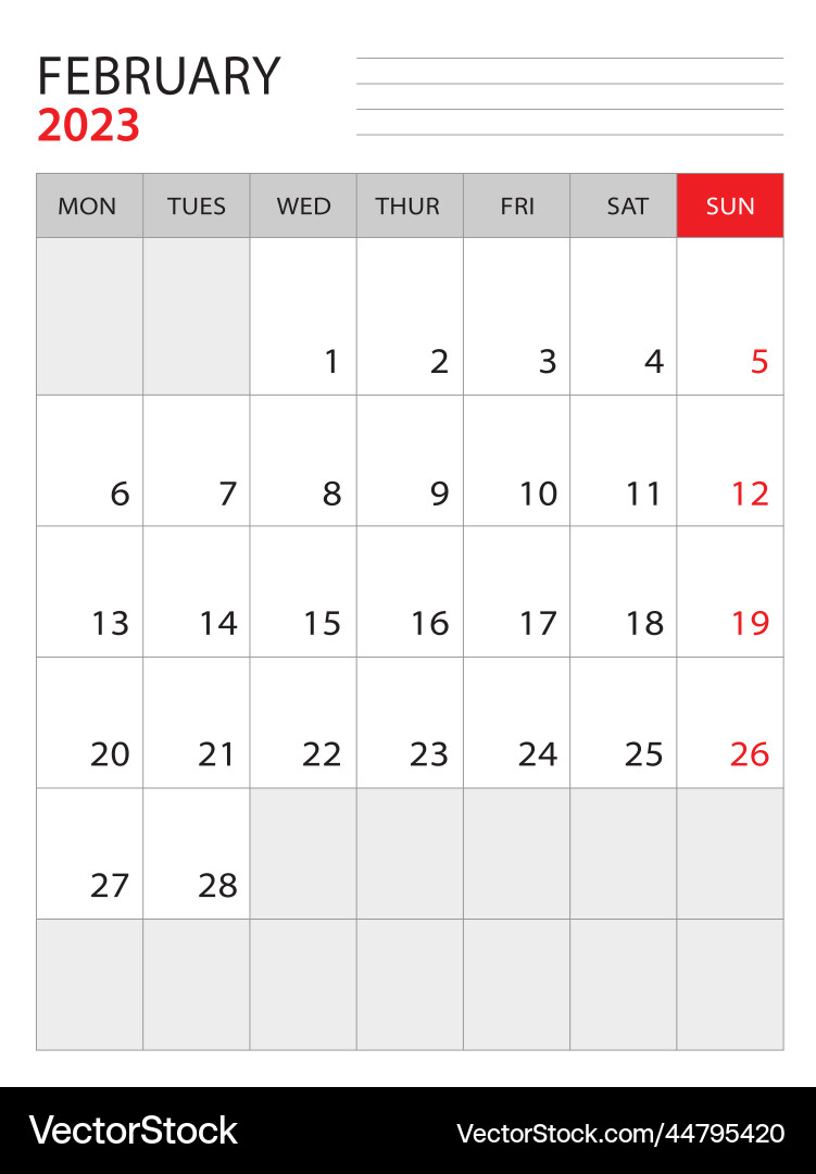 February 2023 - calendar 2023 template Royalty Free Vector