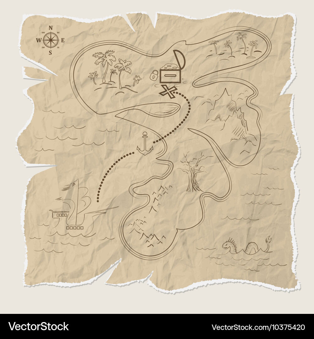 Pirate treasure map island on old paper Royalty Free Vector