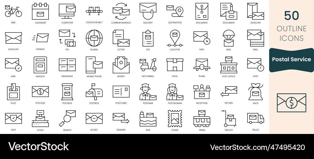 Set of postal service icons thin linear style Vector Image