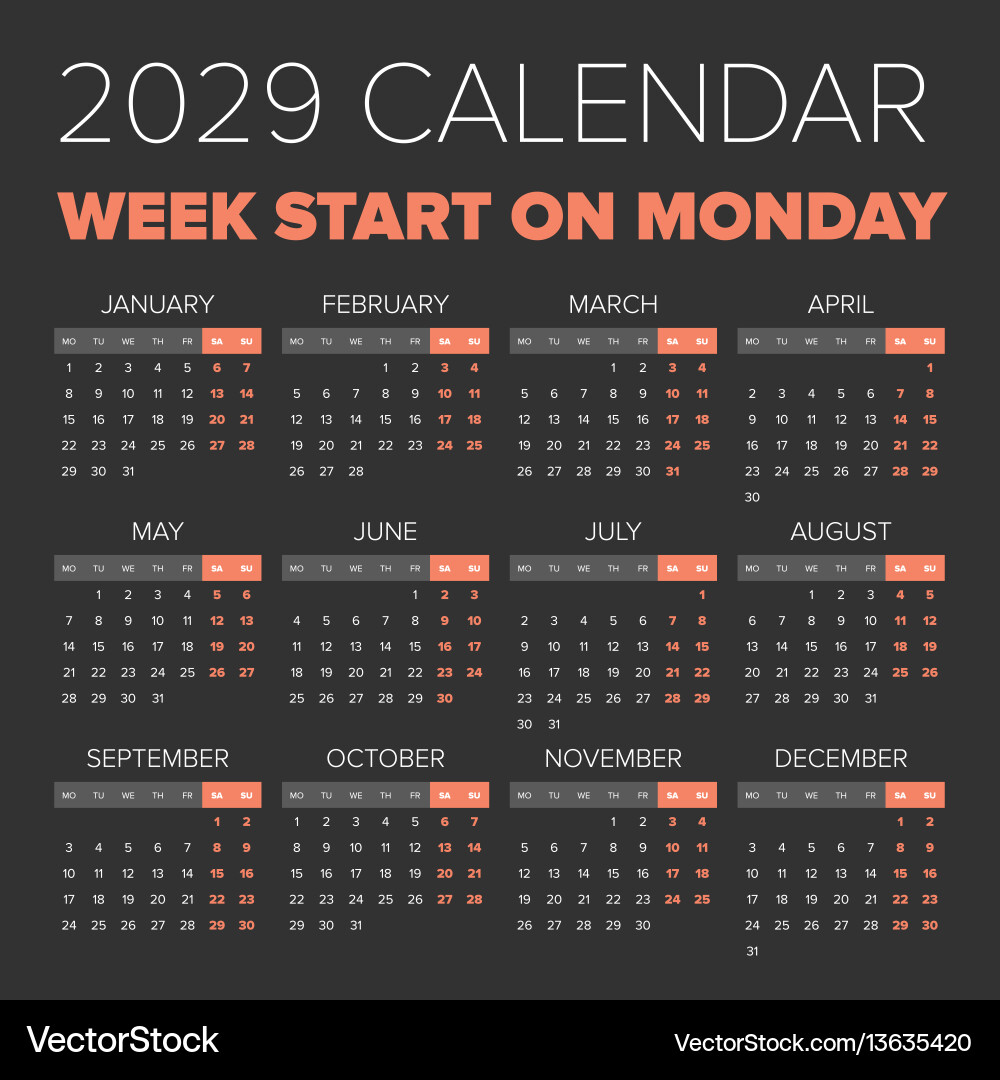 Simple 2029 year calendar Royalty Free Vector Image