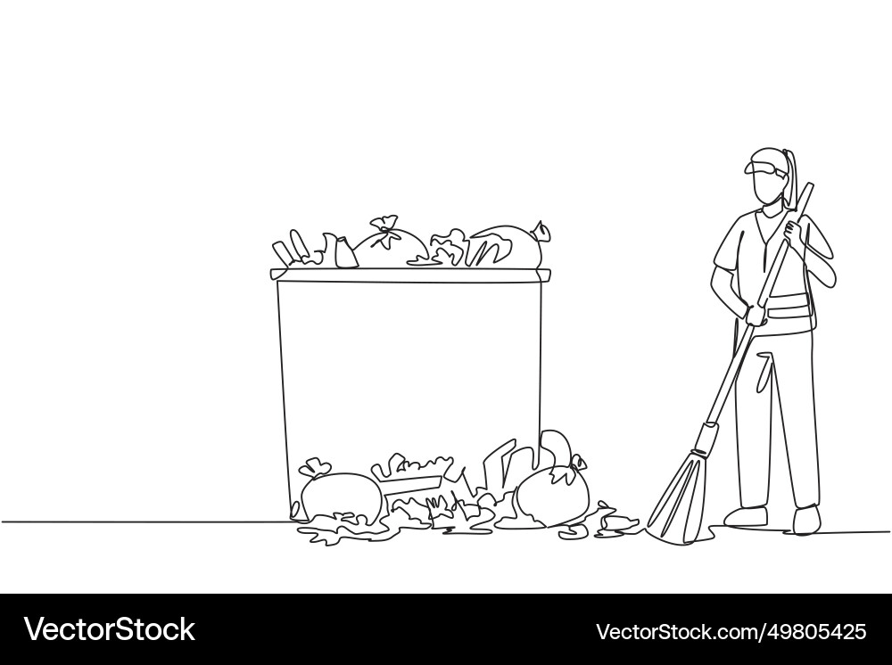 Continuous one line drawing trash woman cleans Vector Image