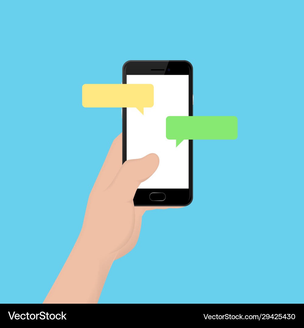 One hand holding a black smartphone and tapping Vector Image