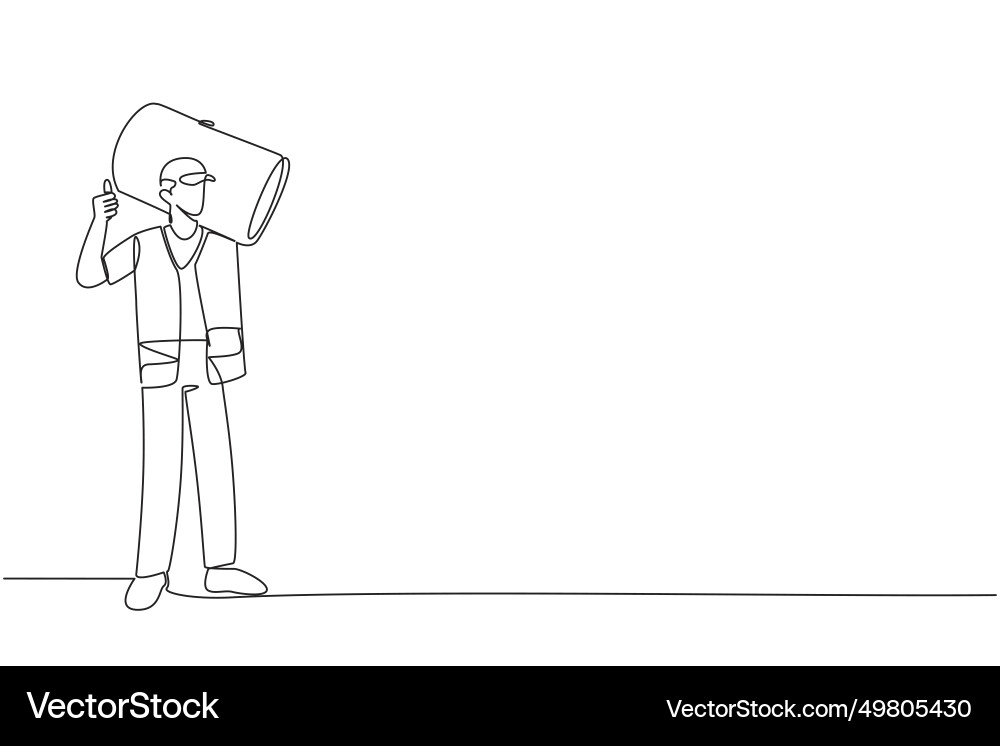 Single one line drawing trash man carrying Vector Image