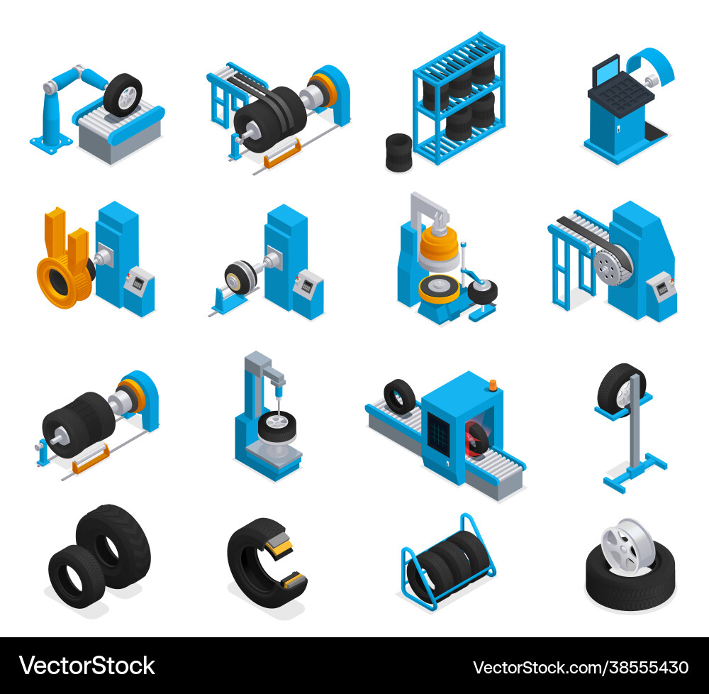 Tire production service isometric icon set Vector Image