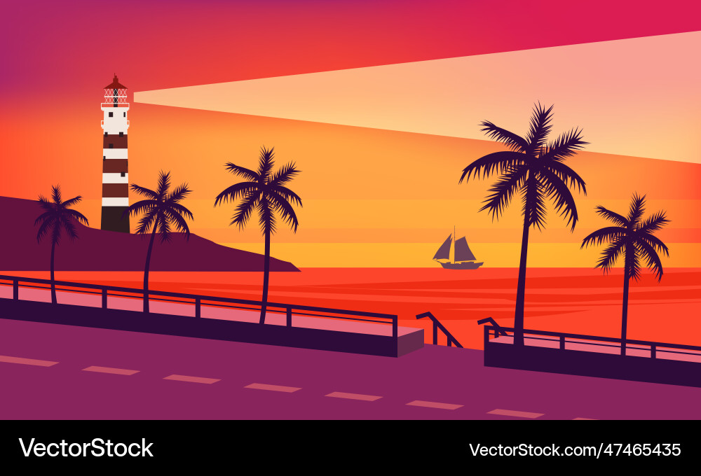 Banner lighthouse tower beacon road tropical Vector Image