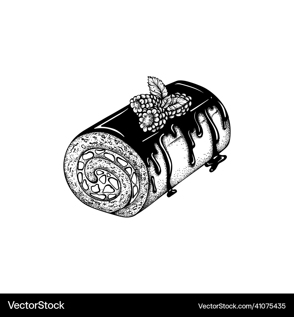 Black engraved sweet cake roll with mint graphic Vector Image