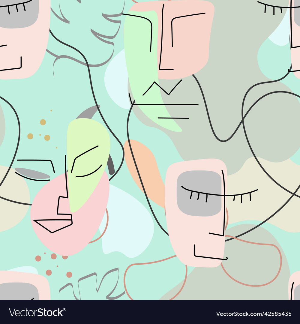 One Line Drawing Abstract Face Seamless Pattern Vector Image