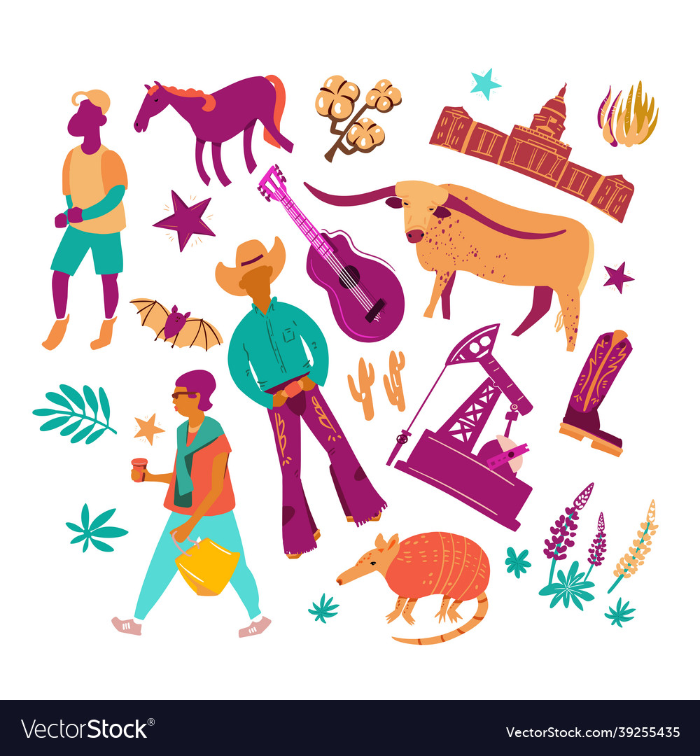 Texas icons set traditional symbols Royalty Free Vector