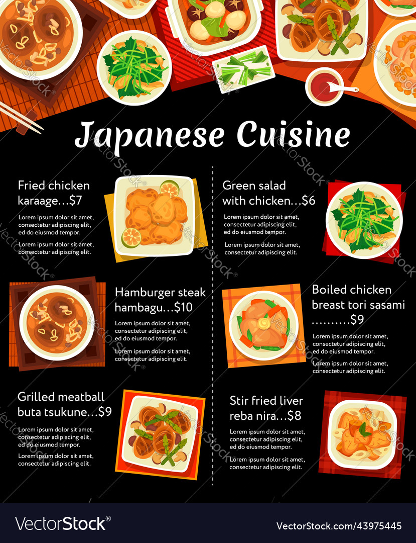 Japanese cuisine menu food meals of japan Vector Image