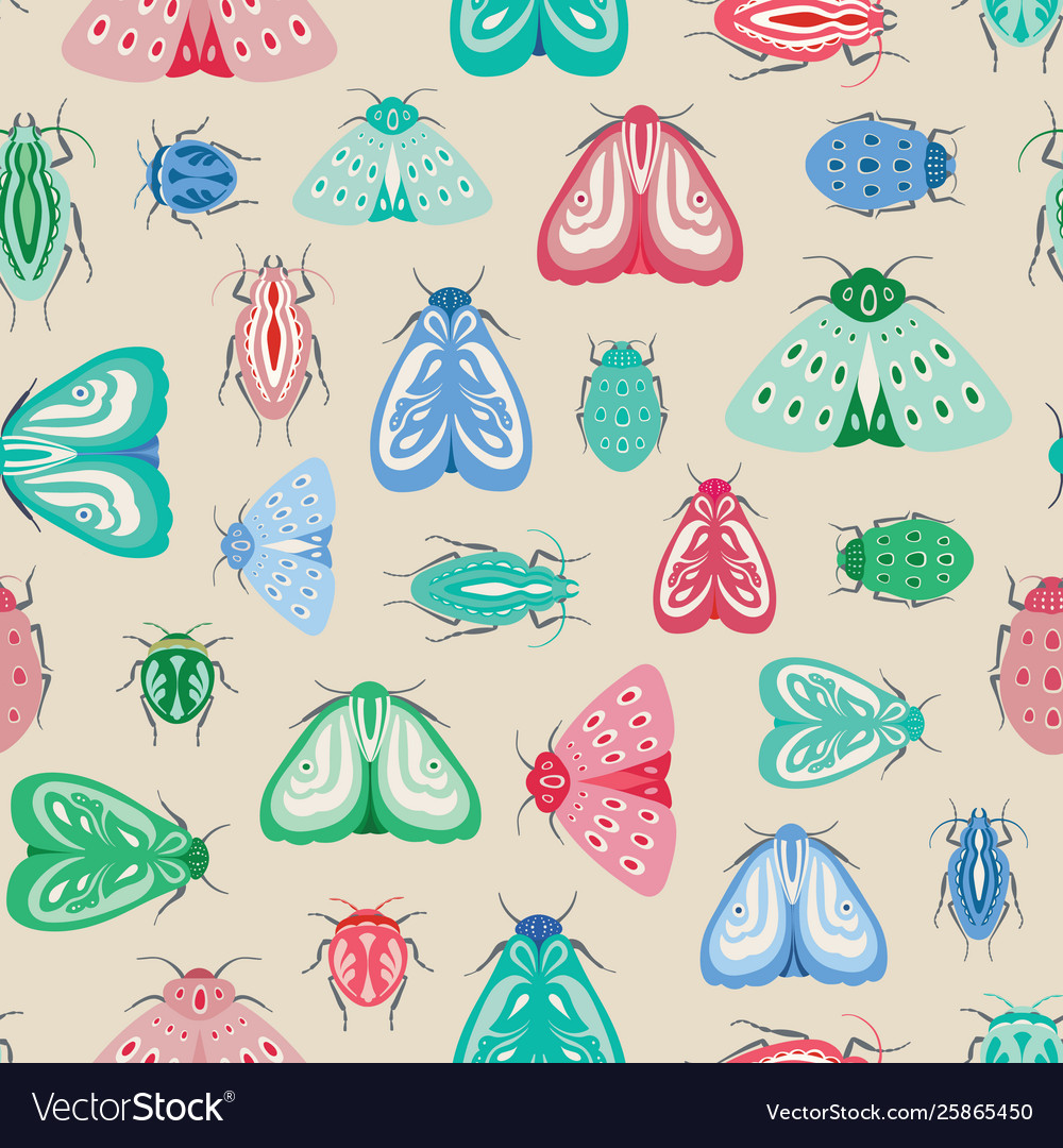 Colourful moths and beetles seamless repeat Vector Image Colourful moths and beetles seamless repeat Vector Image