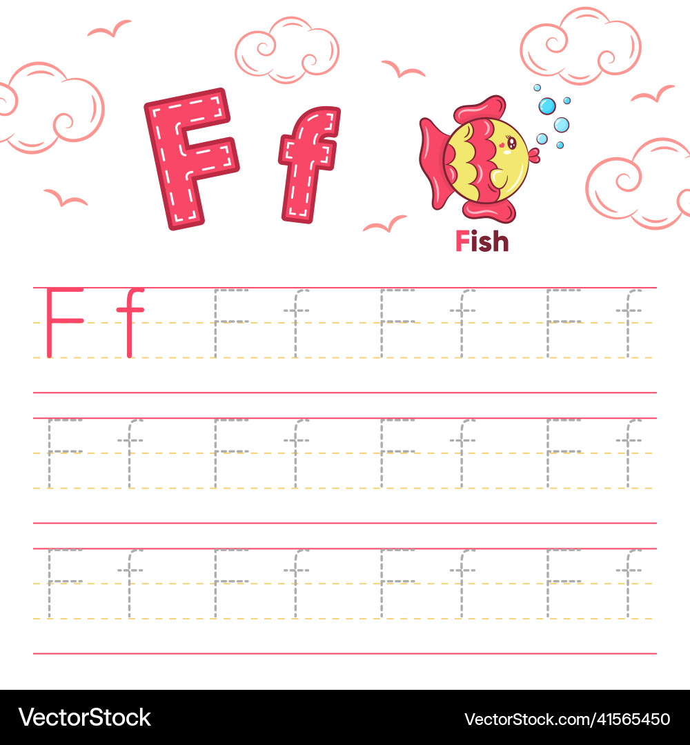 Letter F Worksheet with Fish Royalty Free Vector Image
